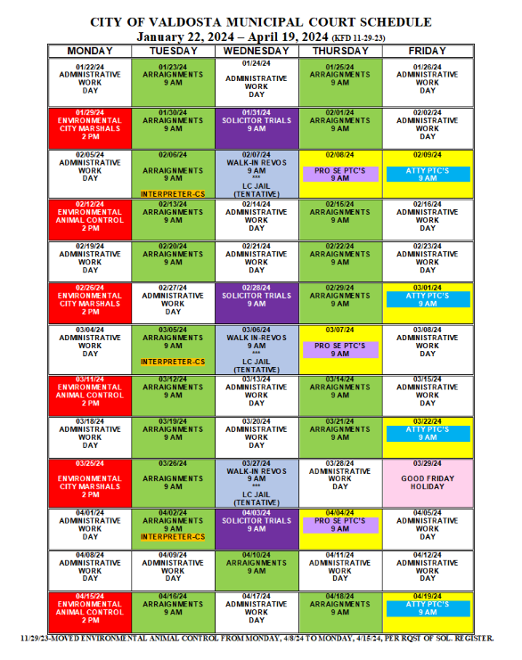 Municipal Court Schedule | City of Valdosta, GA